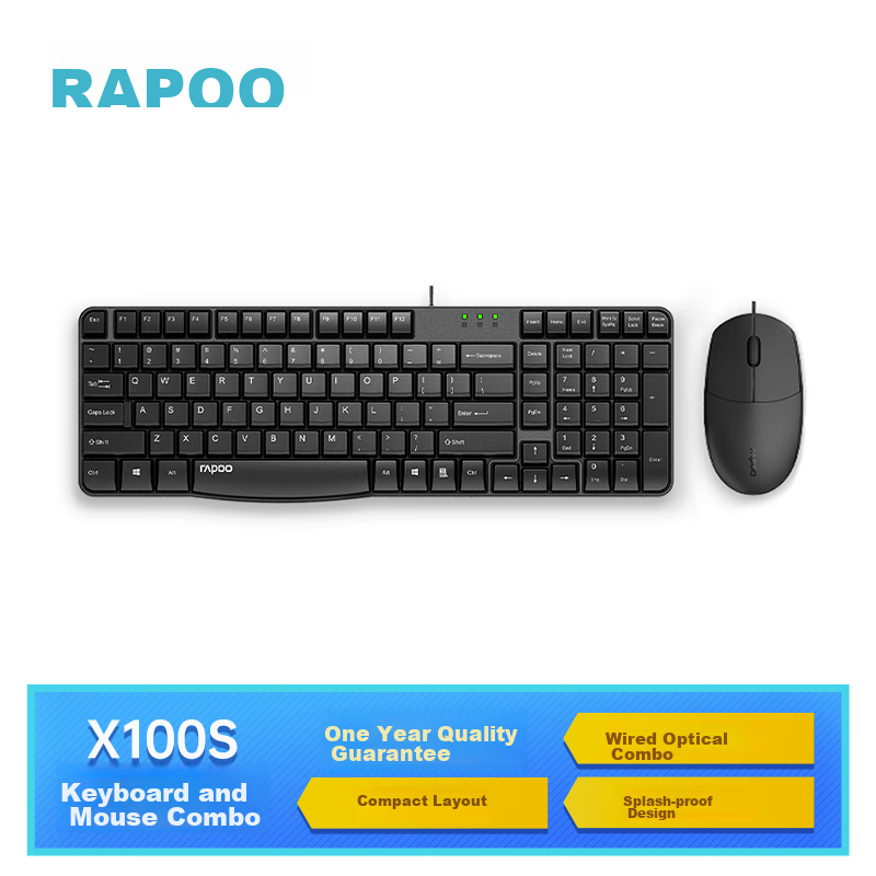 Rapoo X100S Keyboard And Mouse Combo, Wired Keyboard And Mouse Set, Office Keyboard And Mouse Set, Splash-Resistant, Computer Keyboard, Laptop Keyboard, Black
