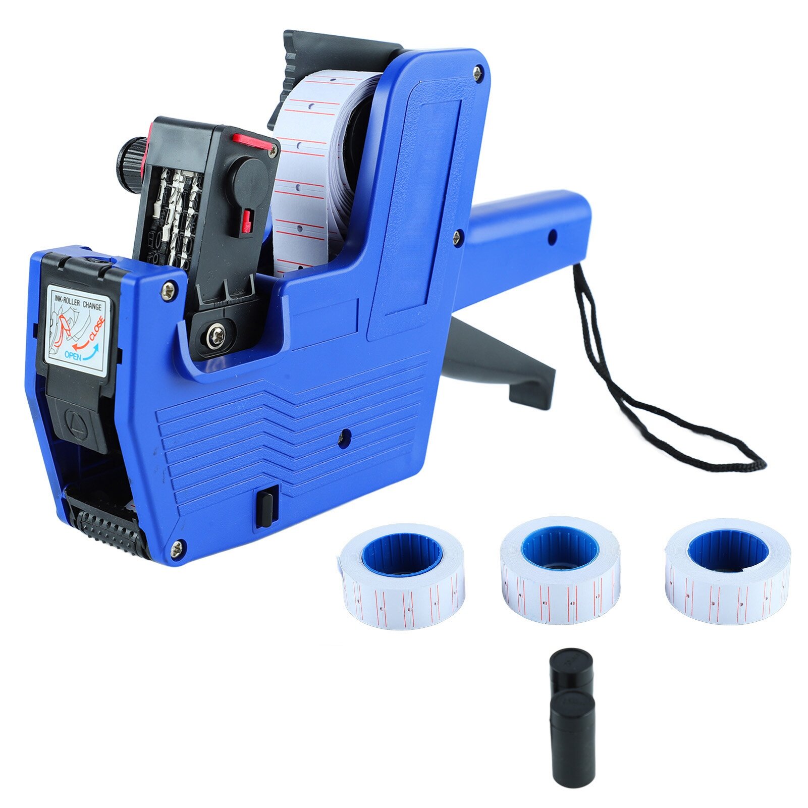 8-позиционный принтер для печати ценников, оснащенный 3 рулонами этикеток и 2 печатающими колесами.