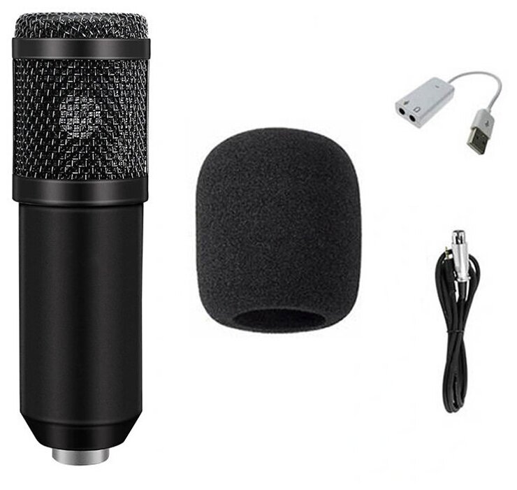 Микрофон BM-800 конденсаторный с кабелем XLR-jack3.5, USB адаптером и ветрозащитой, черный