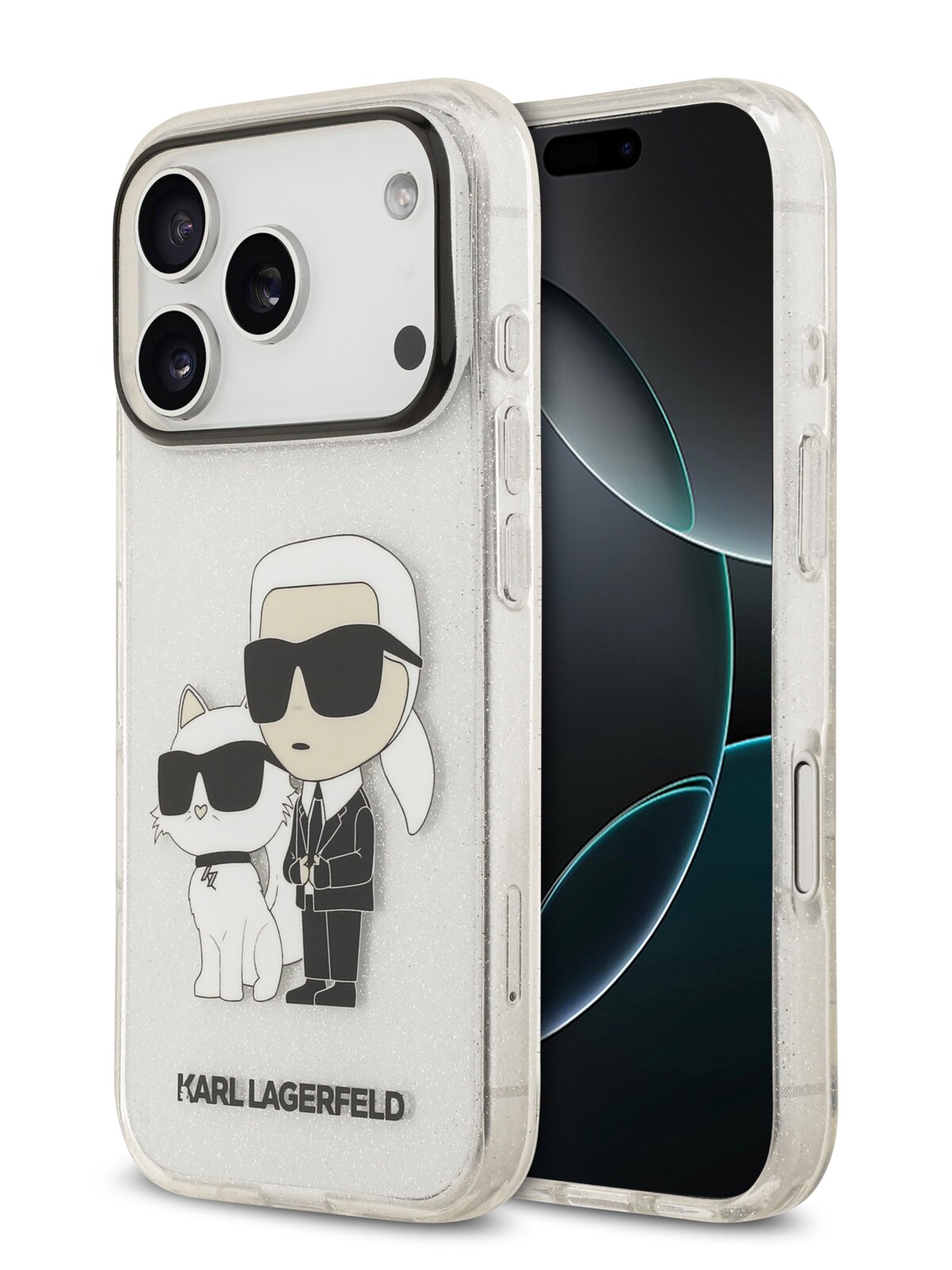 Karl Lagerfeld чехол с блестками для iPhone 17 Pro Max, IML NFT Karl & Choupette, прозрачный