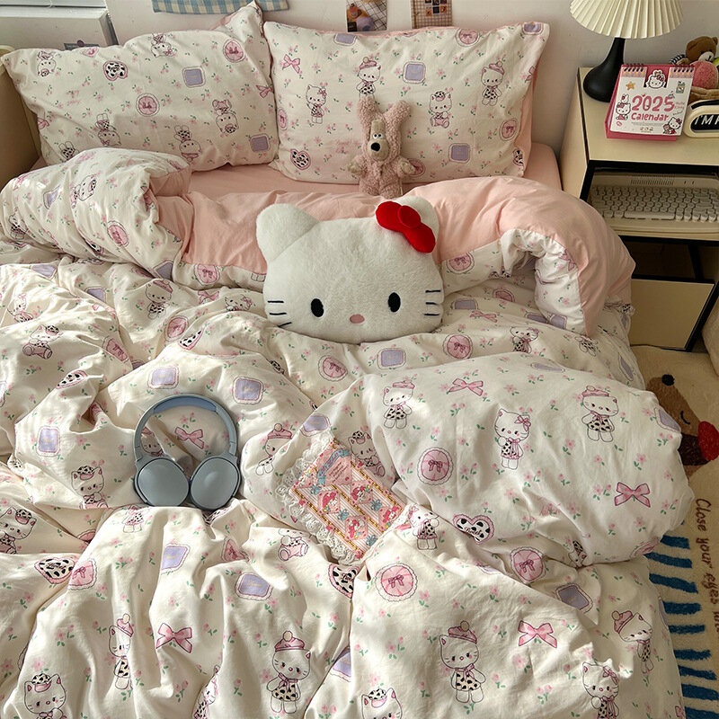 Комплект из четырех простыней из стираного хлопка с милым рисунком (класс А), осеннее постельное белье, пододеяльник для студенческого общежития, комплект из трех предметов,180*220cm