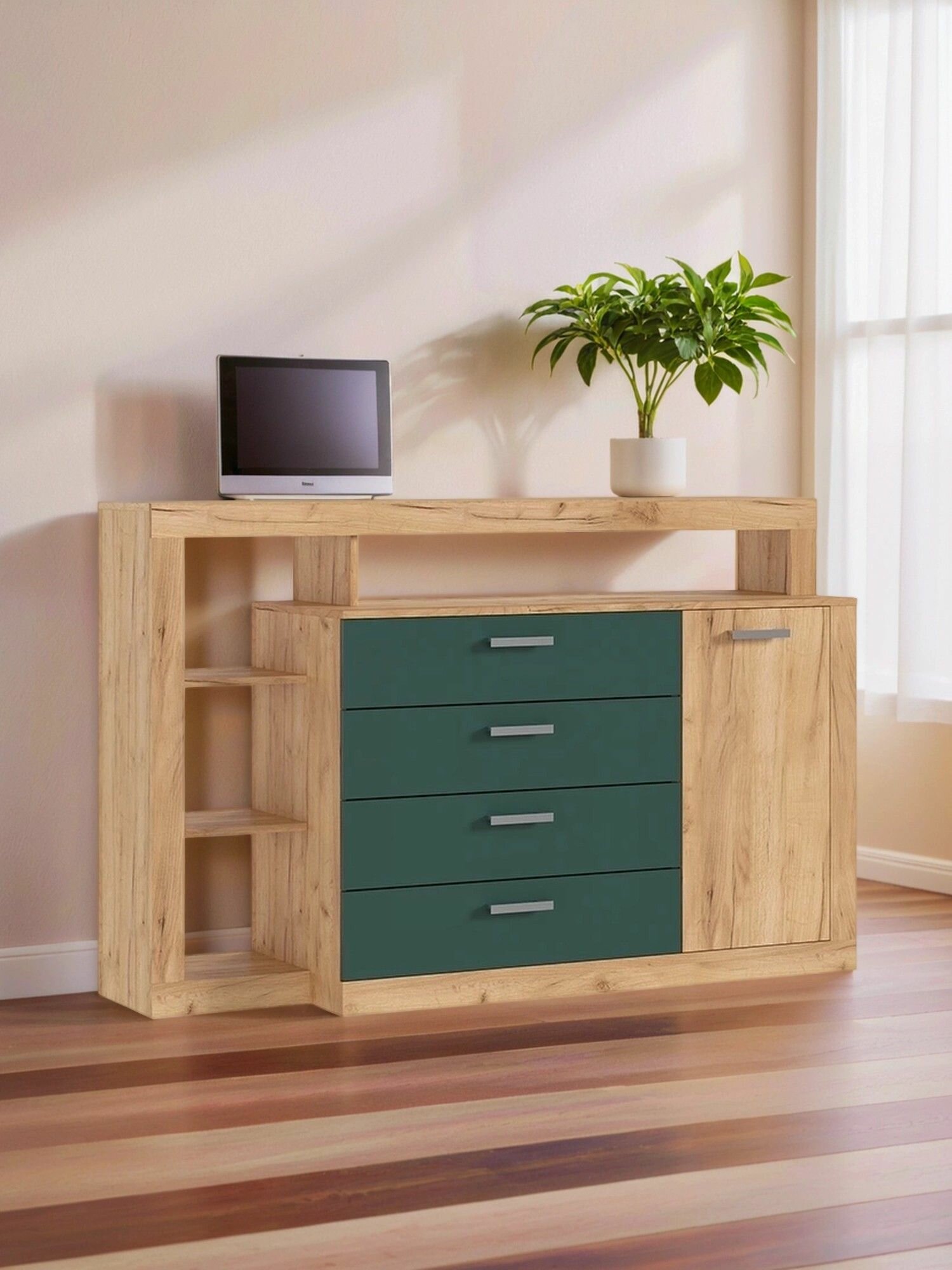 Комод с ящиками и полками Ангара, в цвете: Изумрудный, Дуб крафт