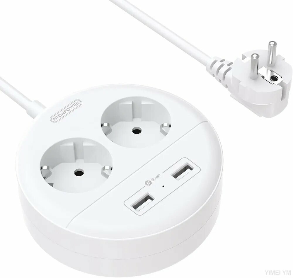 Сетевой фильтр NTONPOWER OSP Удлинитель сетевой, 2 розетки 2 USB, Множественная защита безопасности, Компактный и подходит для путешествий домашних офисов,1.5 м удлинитель, Белый