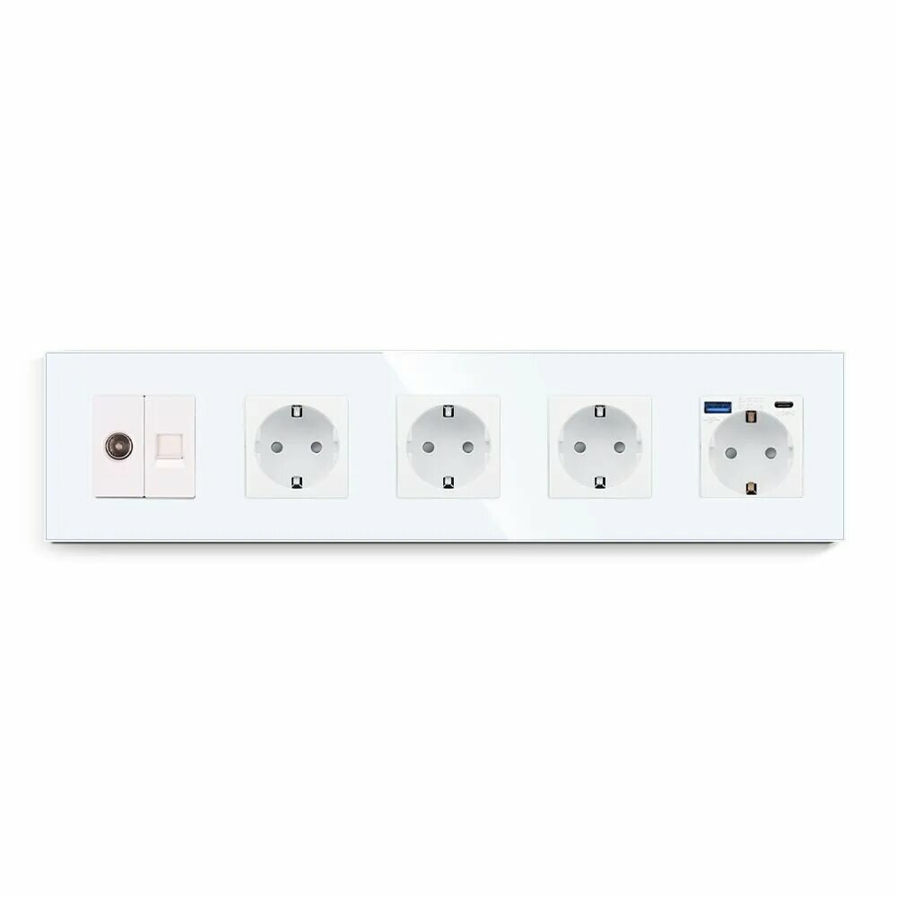 Pозетка на 5 столба с доступом в Интернет/ТВ, RJ45/TV, разъем USB A/TYPE-C, закаленное стекло, цвет Черный