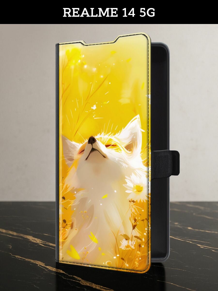 Чехол-книжка на Realme 14 5G (Реалми 14 5G) с картой и принтом "Лиса в поле"