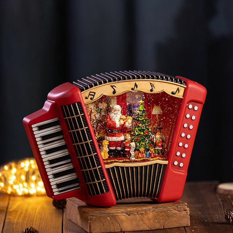 Новогодний декоративный снежный светильник-фонарь. Снег, свет, музыка. Баян-аккордеон с сантой 23х6,3х18,5см.