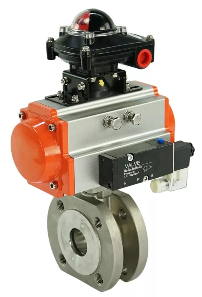 Кран шаровой DN.ru КШмФП.316.200 Ду40 Ру16 межфланцевый, полнопроходной, нержавеющая сталь SS316, уплотнение PTFE, с пневмоприводом SA-105 пневмораспределителем PND2-S1EM-52-1NC-J08-24VDC БКВ LSB-510-02ExM12-250