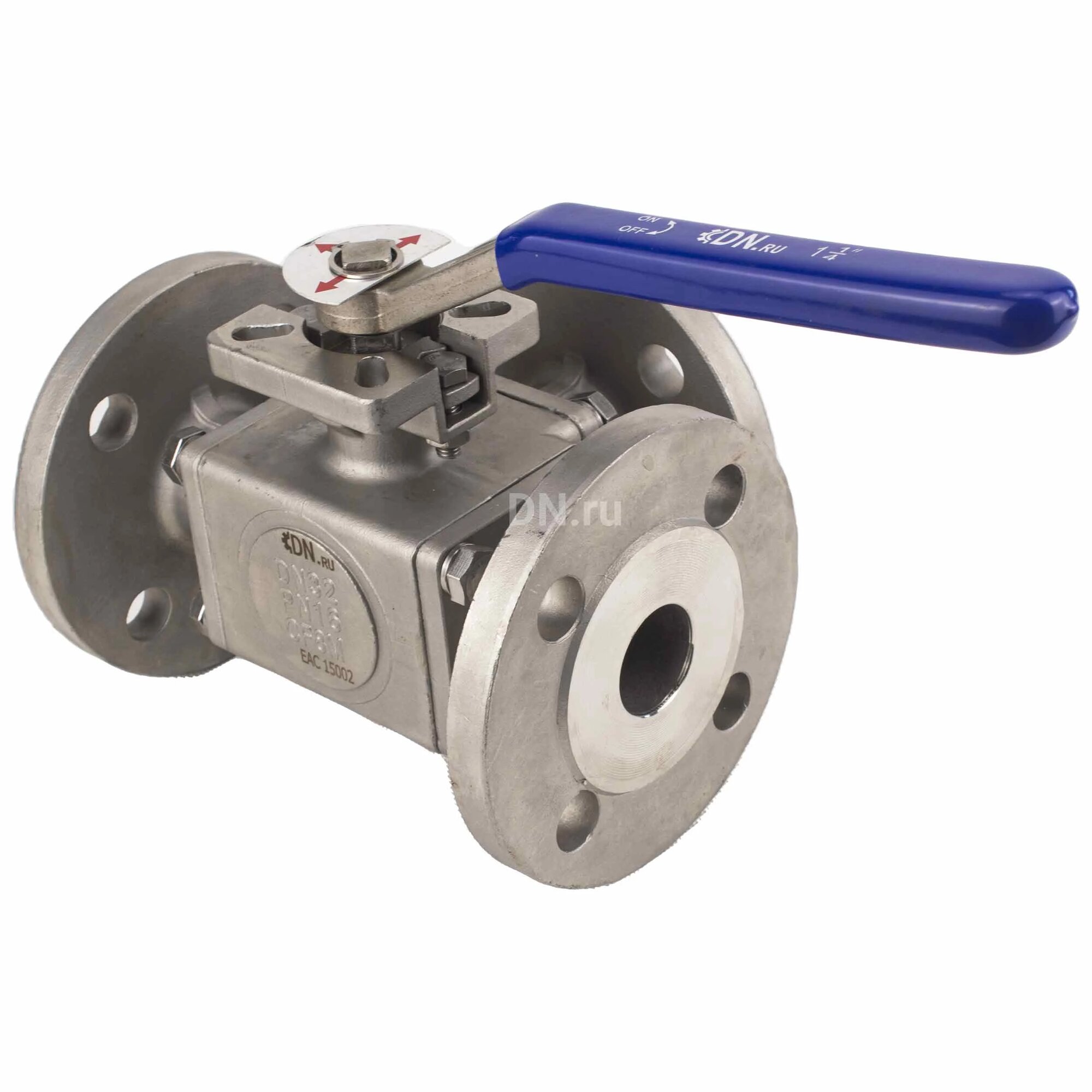 Кран шаровой DN.ru 316-316-PTFE Ду100 Ру16 полнопроходной, трехходовой L тип, фланцевый, корпус - нержавеющая сталь SS316, ISO-фланец F10/F12, квадрат 19х19, с рукояткой