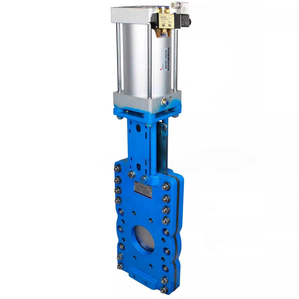 Задвижка шиберная со сквозным ножом DN.ru SN-WCB-304-NBR-2W-Fb-2P Ду200 Ру10 межфланцевая, корпус - углеродистая сталь WCB, шибер - нержавеющая сталь 304, уплотнение - NBR, с пневмоприводом и пневмораспределителем Dn. ruPND3-S1EM-52-1NC-J08-24VDC