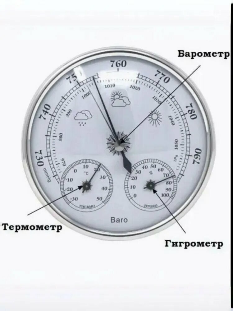 Барометр настенный с термометром и гигрометром , серебристый