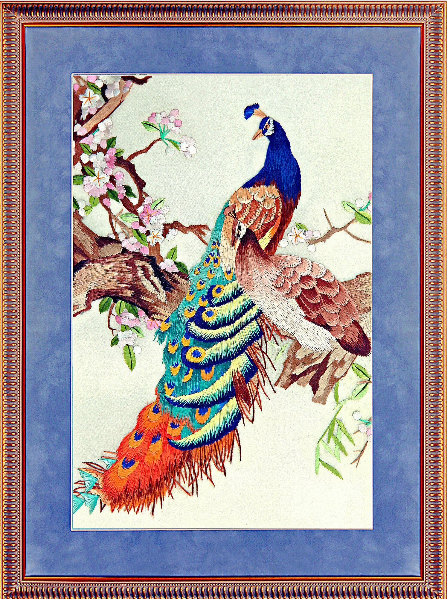 Картина Живой Шелк Двухсторонняя Молодая семья, вышивка шелком ручная с 3D/см 31х38х3/багет+паспарту