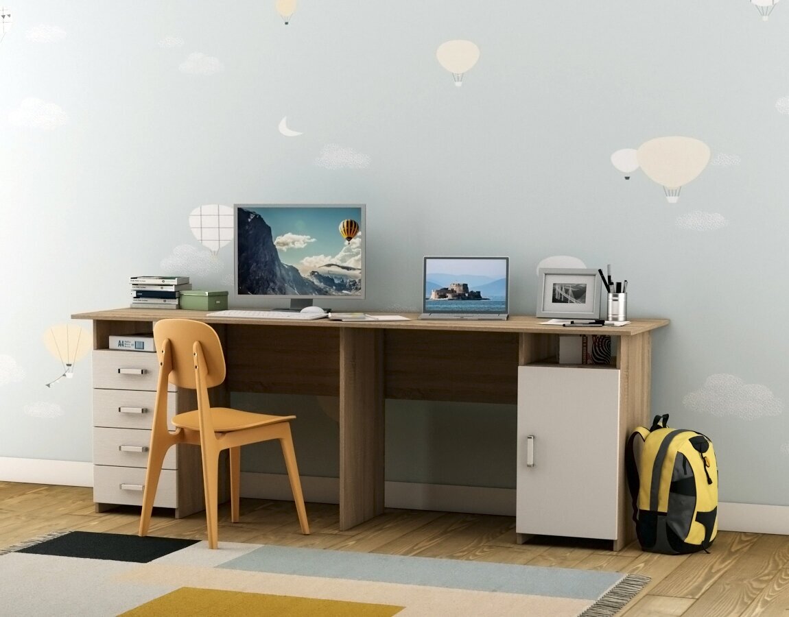 Стол письменный, компьютерный для двоих Лайт (Ньюкасл) 14 дуб сонома/белое дерево