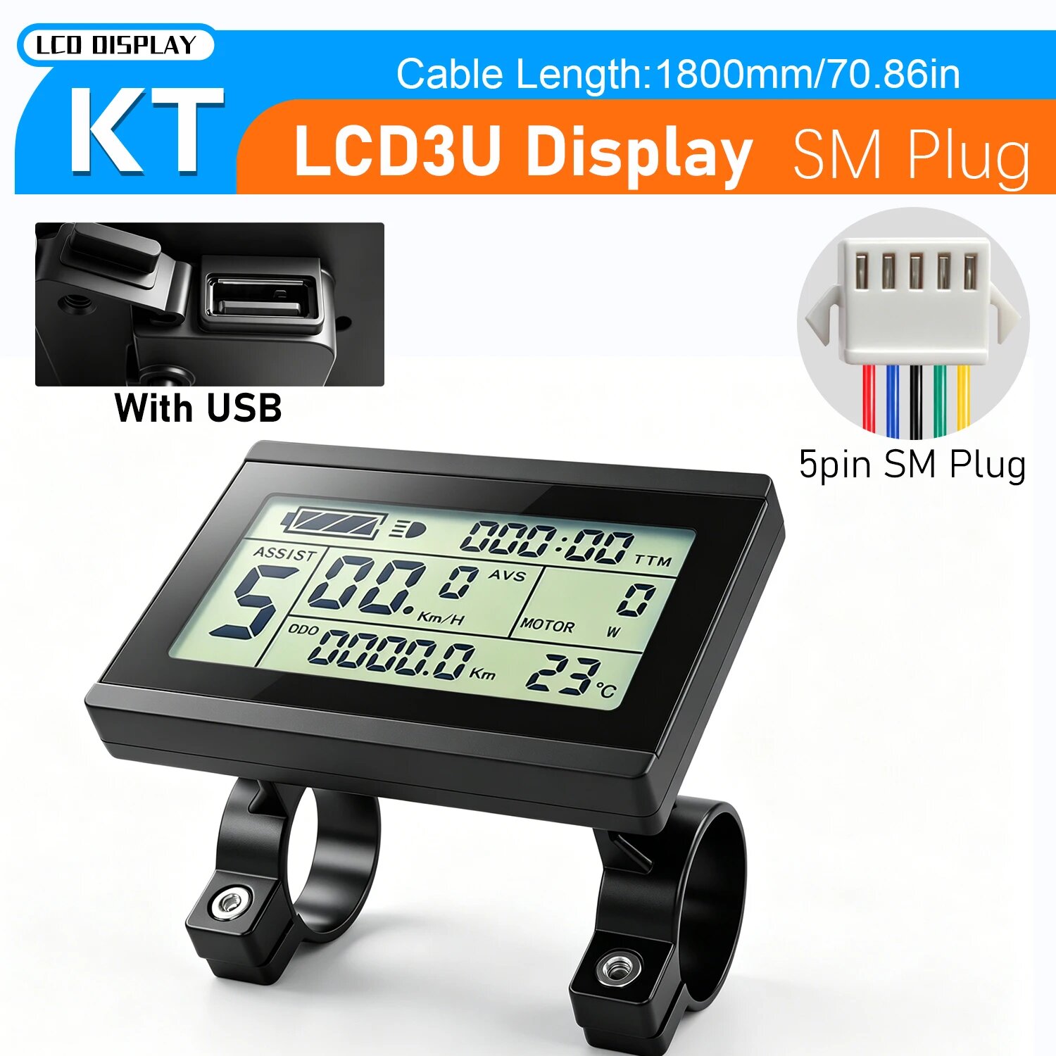 Дисплей KT LCD3 для электровелосипеда 24-72В SM Plug With USB