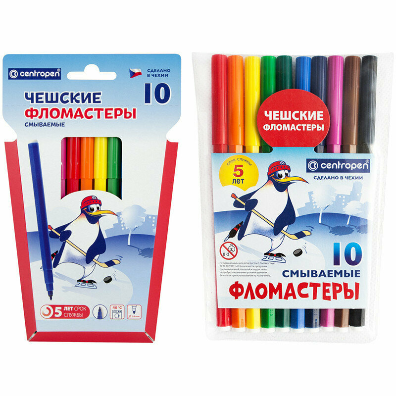 Фломастеры Centropen "Пингвины", 10цв, смываемые, картон. упак. с европодвесом/ПВХ, 002716