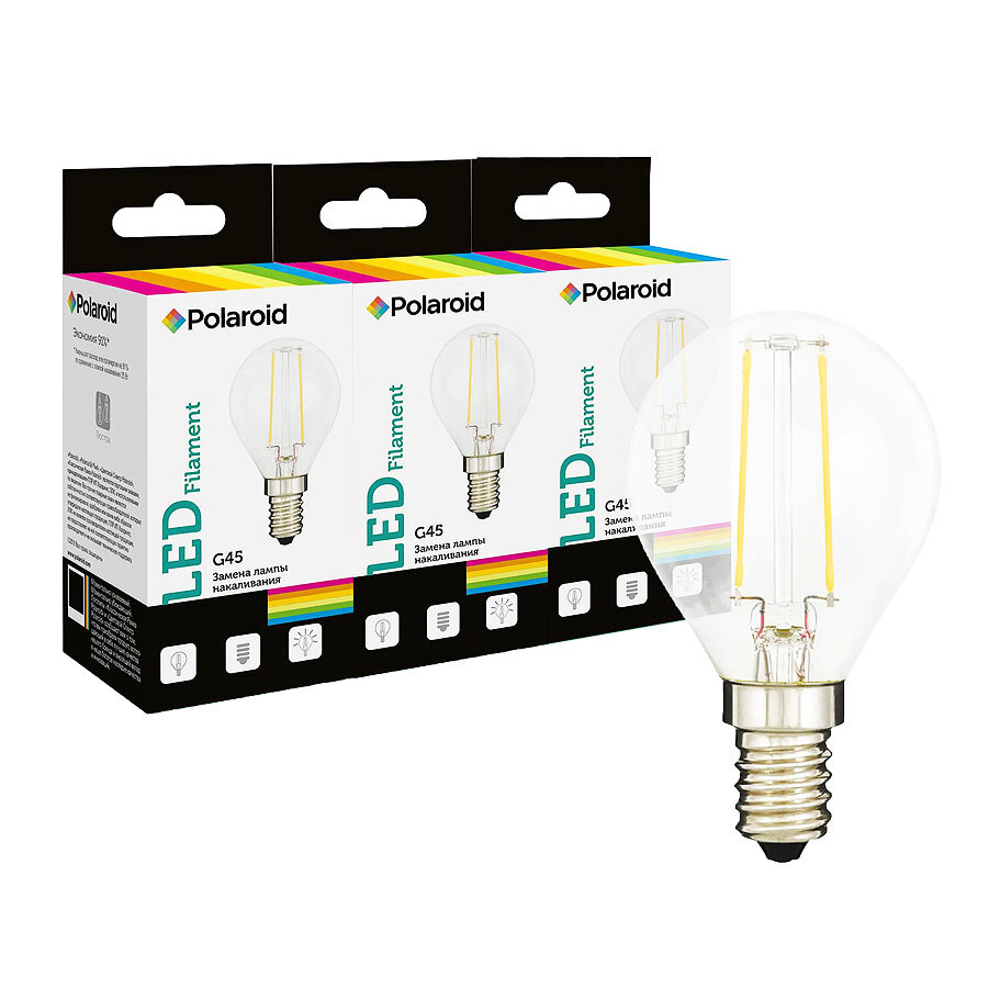 Филаментная светодиодная лампа Polaroid 220V FIL G45 6W 6500K E14 806lm (3 шт.)