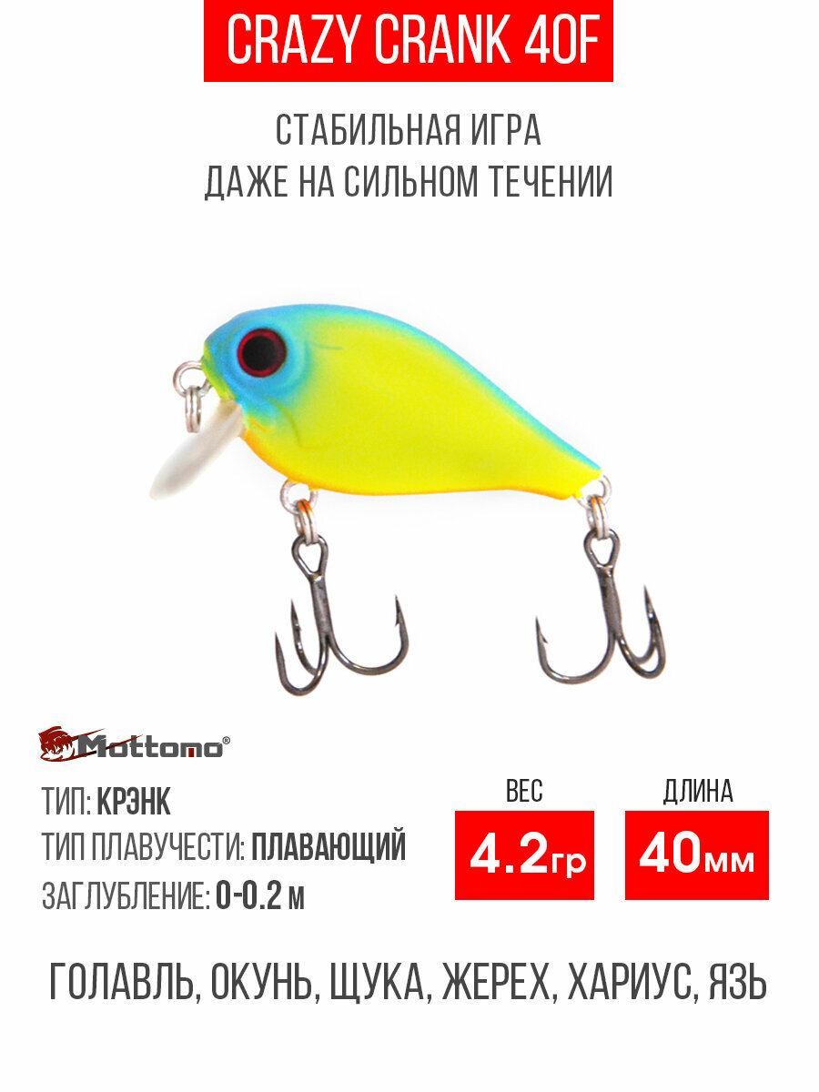 Воблер для рыбалки Mottomo Crazy Crank 40F 4,2g кренк плавающий для спиннинга, троллинга. Приманка на язя, щуку, окунь