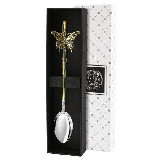 Ложка Кольчугинский Мельхиор для размешивания кофе "Бабочка" латунная с посереб. яблочком + футляр КМ1053ЛЖ01_8