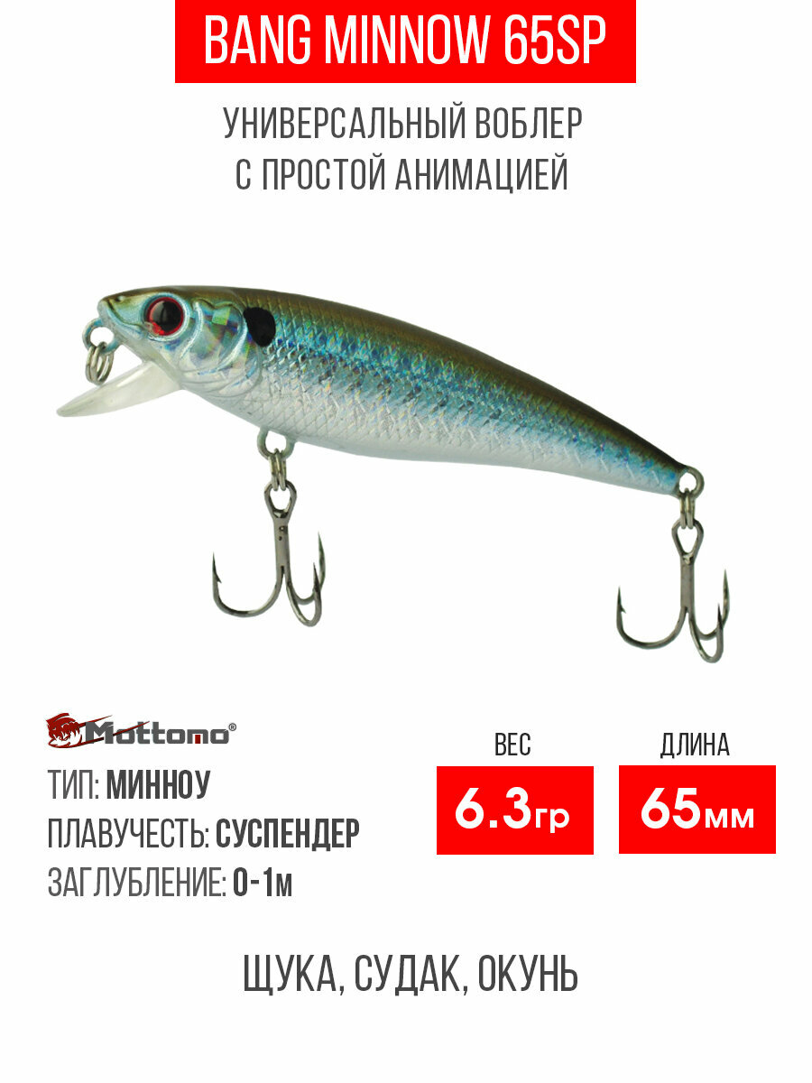 Воблер для рыбалки Mottomo Bang Minnow 65SP 6,3g Natural Shad минноу суспендер для спиннинга, твичинга. Приманка на щуку