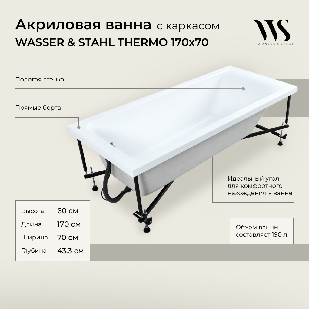 Акриловая ванна WASSER & STAHL THERMO 170x70 с каркасом
