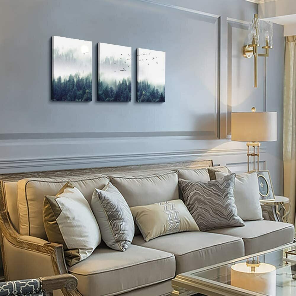 Модульная картина лес в тумане, лесной пейзаж в спальню на стену большая из 3 частей "Туманный лес", 102 х 57 см, холст, MaskOff