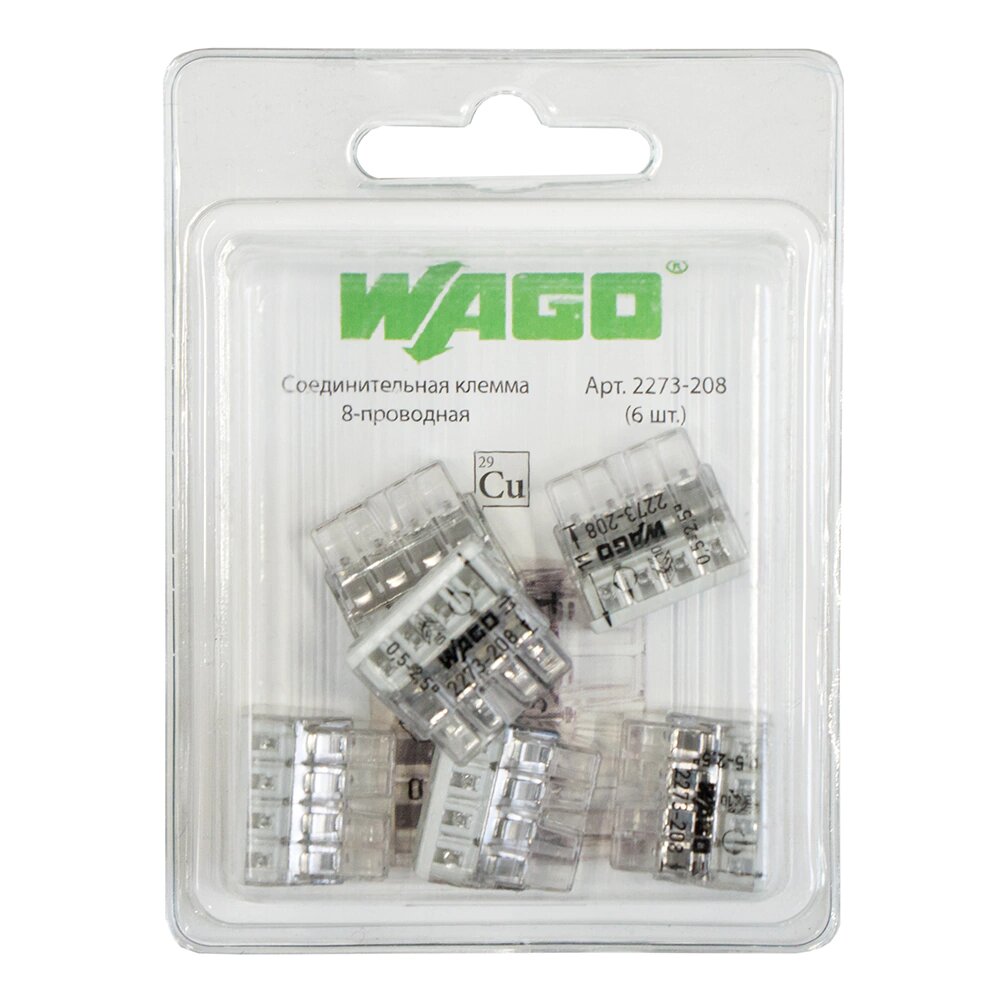 Клемма WAGO-2273-208 COMPACT PUSH WIRE, 8-проводная, прозрачный/серый, 6 шт в упаковке