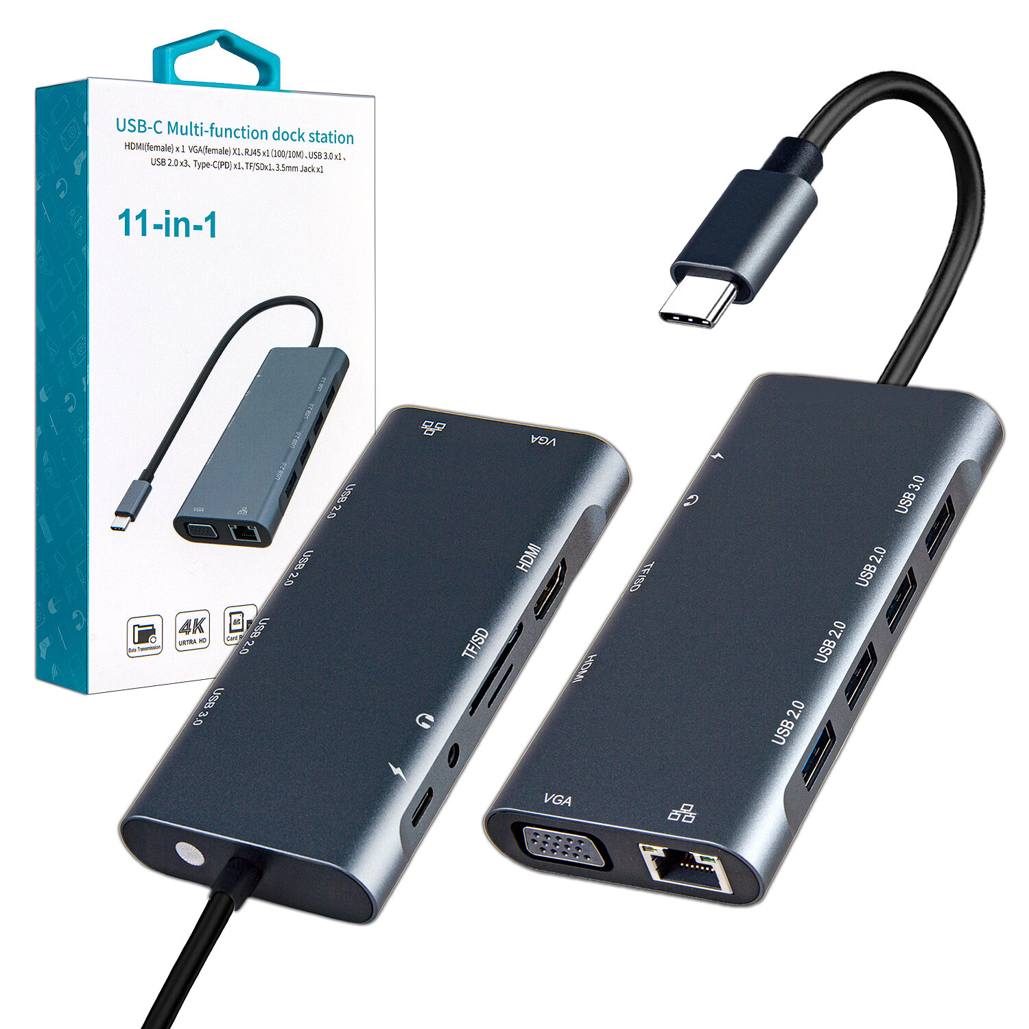 HUB Type-C 11in1 9591A (4USB + SD + Micro SD + HDMI +Enternet RJ45 +Jack 3.5mm+VGA+USB-C PD)