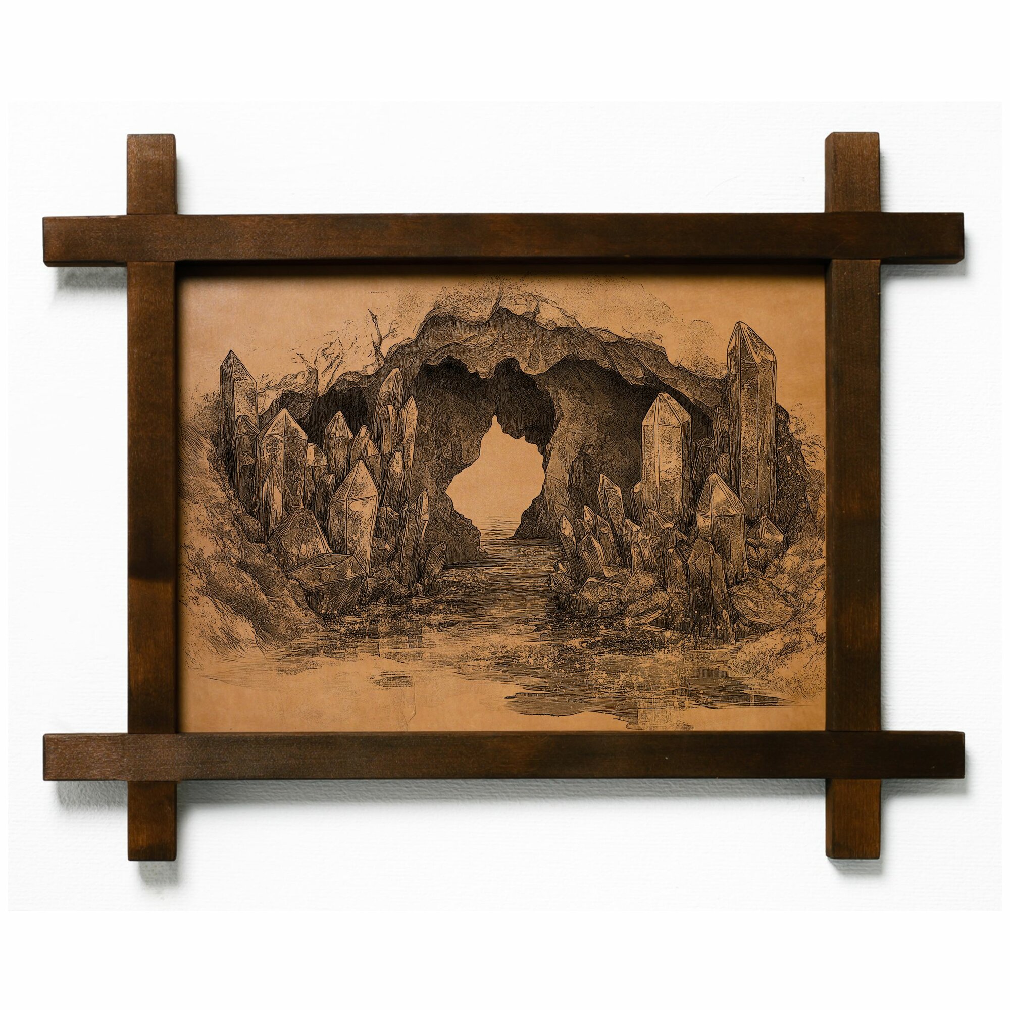 Интерьерная картина из натуральной кожи "Кристальная пещера", декоративное настенное панно в деревянной раме, BoomGift