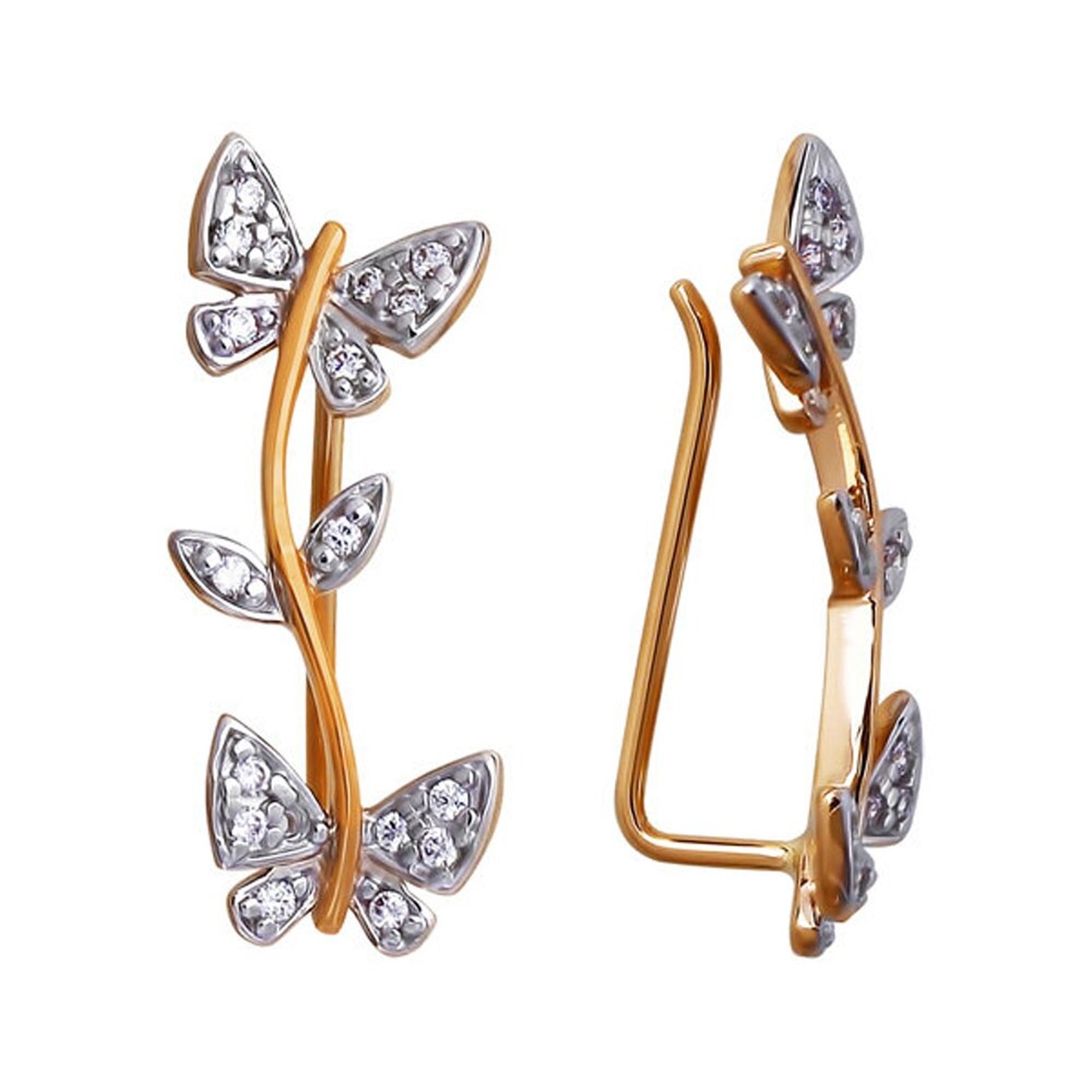 Серьги клаймберы, красное золото, 585 проба, фианит