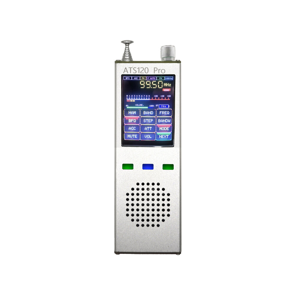 ATS120pro Приемник радио FM SSB SDR AM LSB полосы с цифровым дисплеем сенсорным экраном, активационным прошивкой, серебристый цвет, алюминиевый сплав, FM 64-108MHz/RDS, LW 153-500kHz, MW 520-1710kHz, SW 1730-30000kHz, SSB 1730-30000kHz, батарея 3.7V