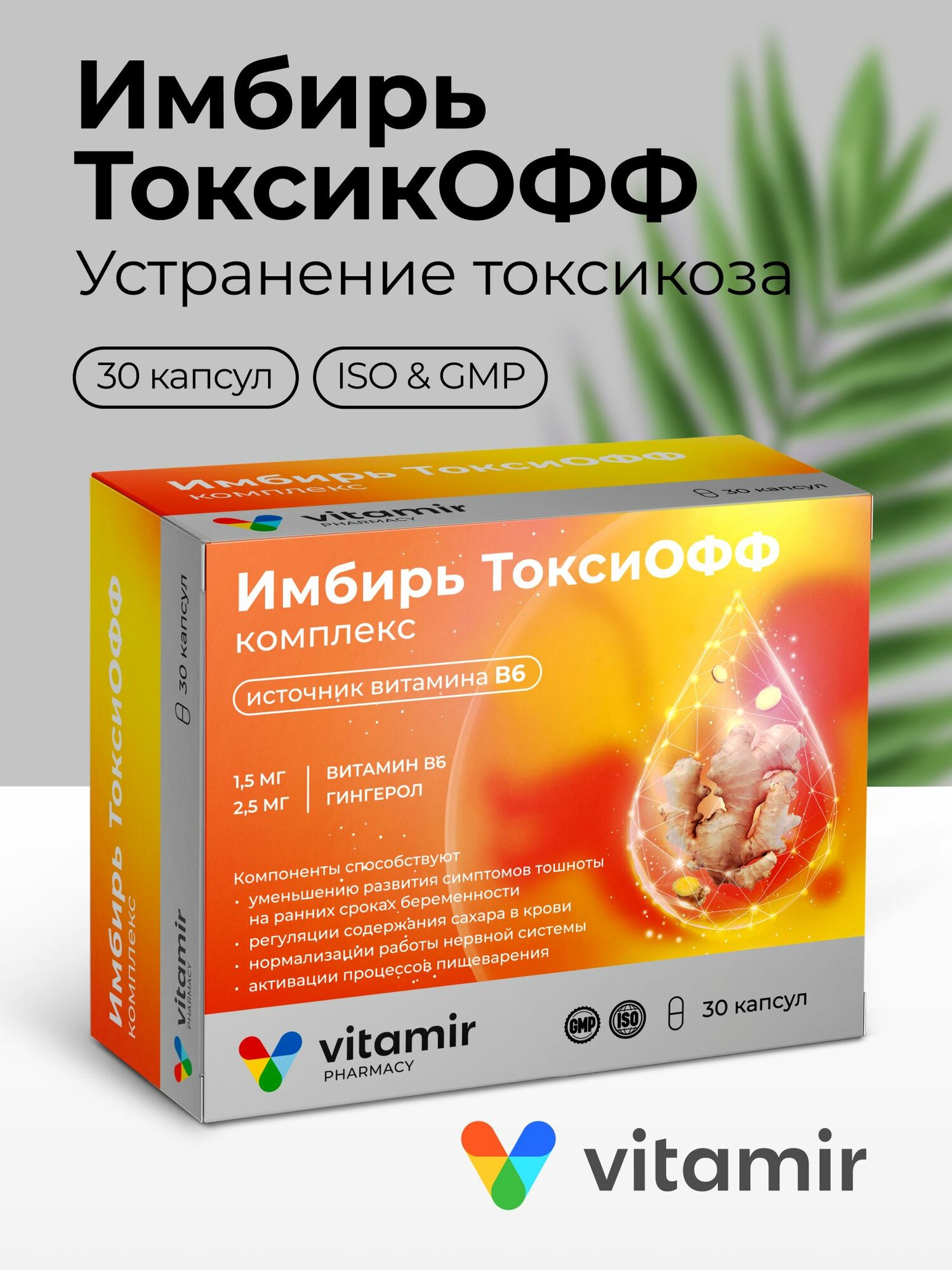 Имбирь ТоксиОФФ комплекс VITAMIR / Комплекс при токсикозе, витамины для беременных женщин / 30 капсул