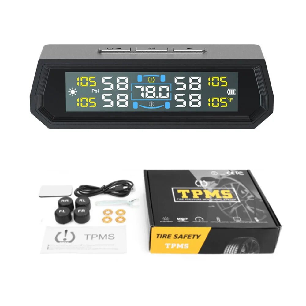 Солнечная сигнализация давления в автомобильных шинах TPMS, цифровой цветной дисплей, 4, внешний датчик, водонепроницаемый датчик температуры в шинах, голосовое предупреждение T17