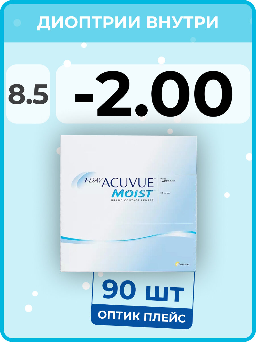 Контактные линзы ACUVUE 1-Day Moist (90 линз) -2.00 R 8.5, однодневные, прозрачные