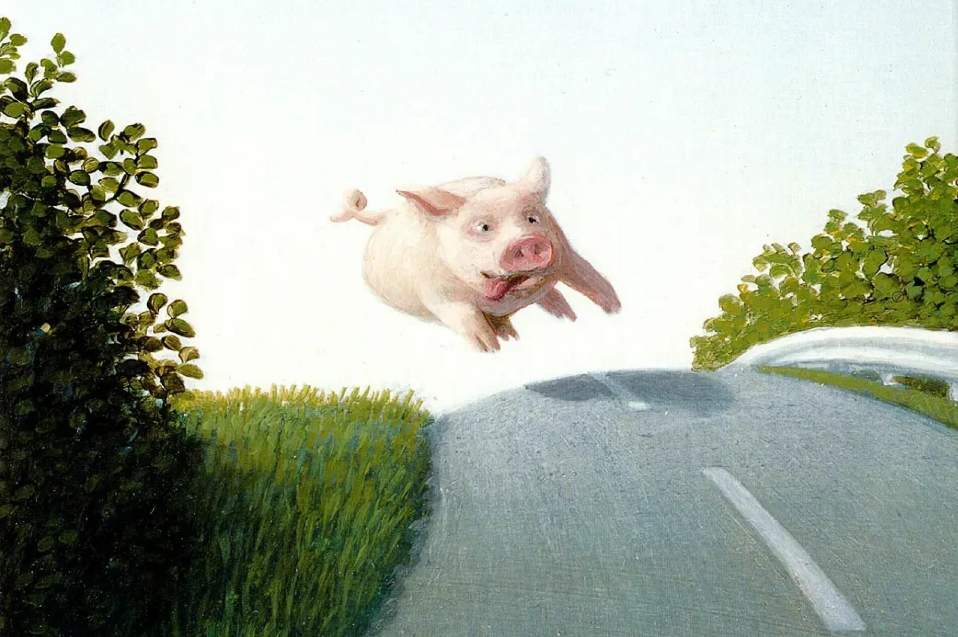 Плакат, постер Михаэль Сова Michael Sowa Неосторожная свинья на шоссе на бумаге, размер 21х30см