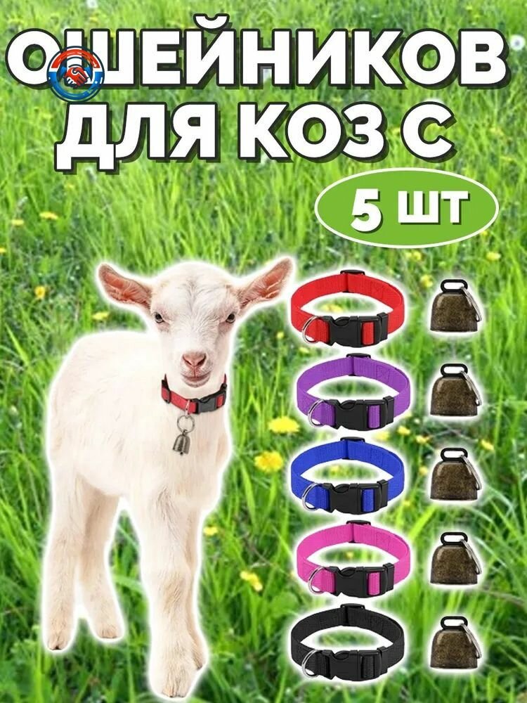 Ошейник с колокольчиком для козы, овцы и телёнка — прочный капроновый аксессуар для пастбища, размер L, яркие цвета
