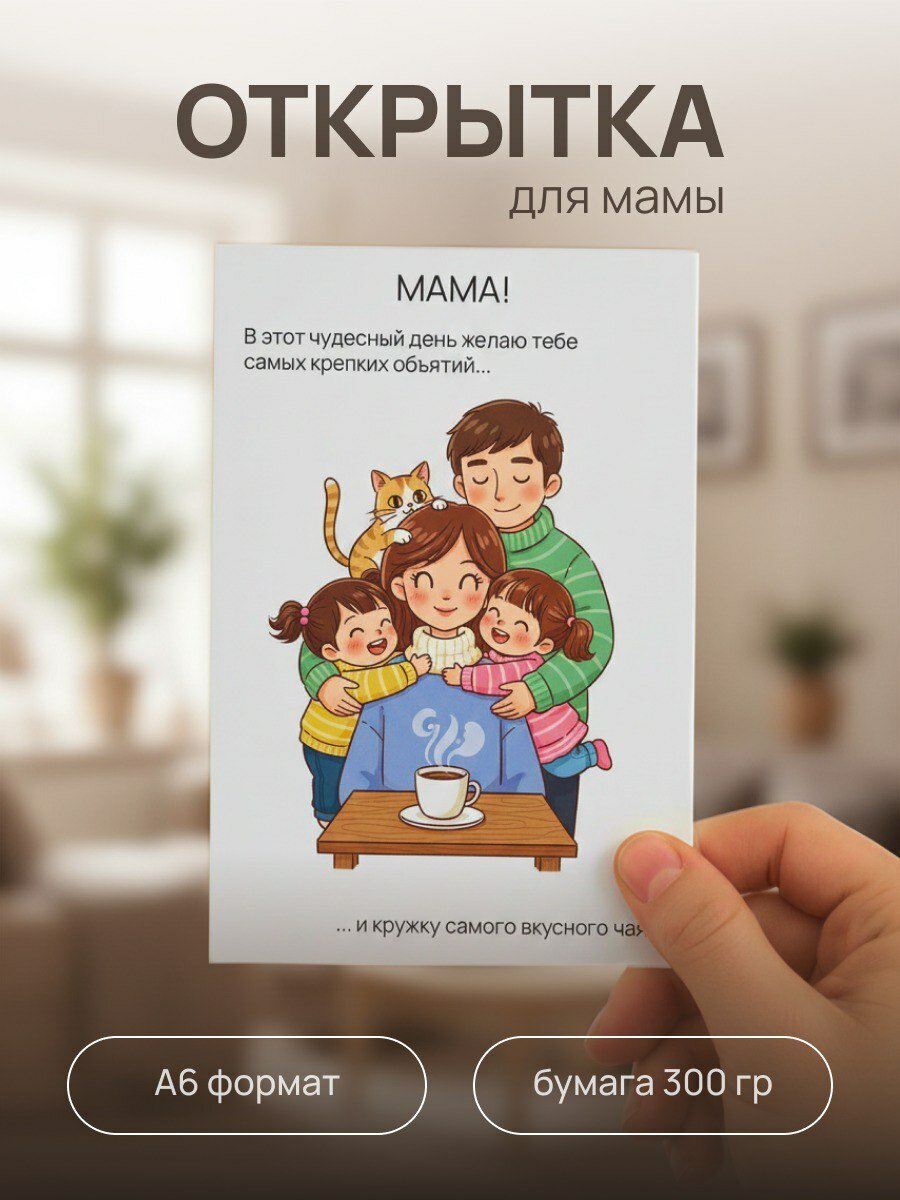 Открытка "Мама Объятия" от Тепло в конверте подарок для мамы, 10,5x14,8 см, в конверте