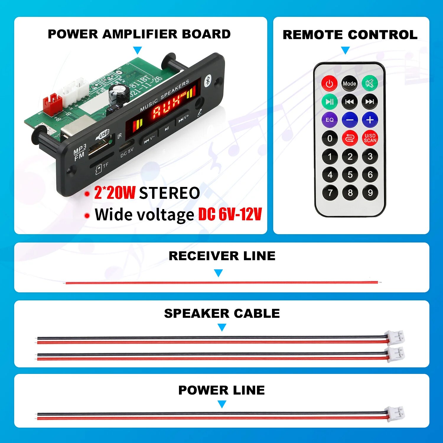 Усилитель мощности Bluetooth 2*20W, DC 6-12V, Цвет: 20w1