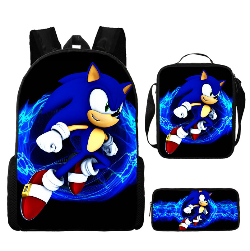 Amazon, хит продаж, рюкзак Sonic, сумка для начальной школы, сумка для обеда, сумка-карандаш, комплект из трех предметов, оптовая продажа