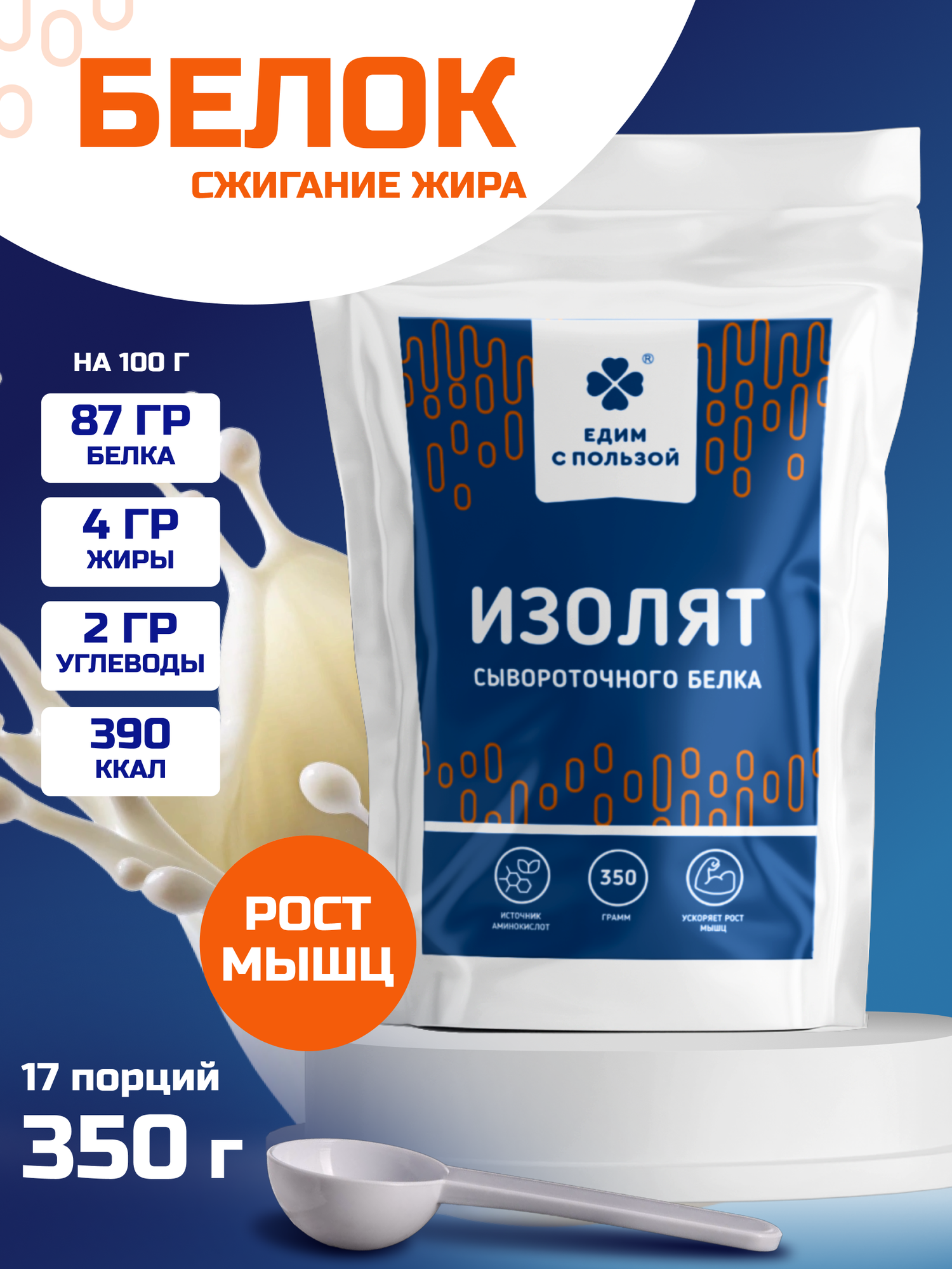Протеин сывороточный, изолят сывороточного белка 90% 350 гр, без вкуса и сахара
