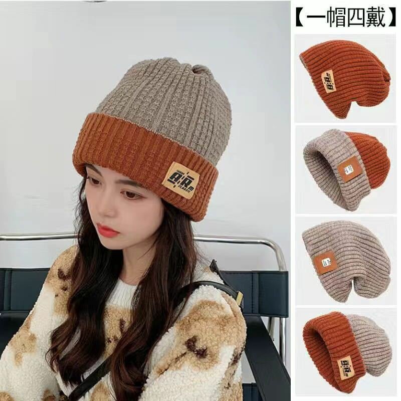 Осенне-зимняя японская вязаная шапка с большой головой для женщин, утолщенная и теплая двусторонняя шерстяная шапка для женщин, зимняя защитная этикетка для ушей, холодная шапка