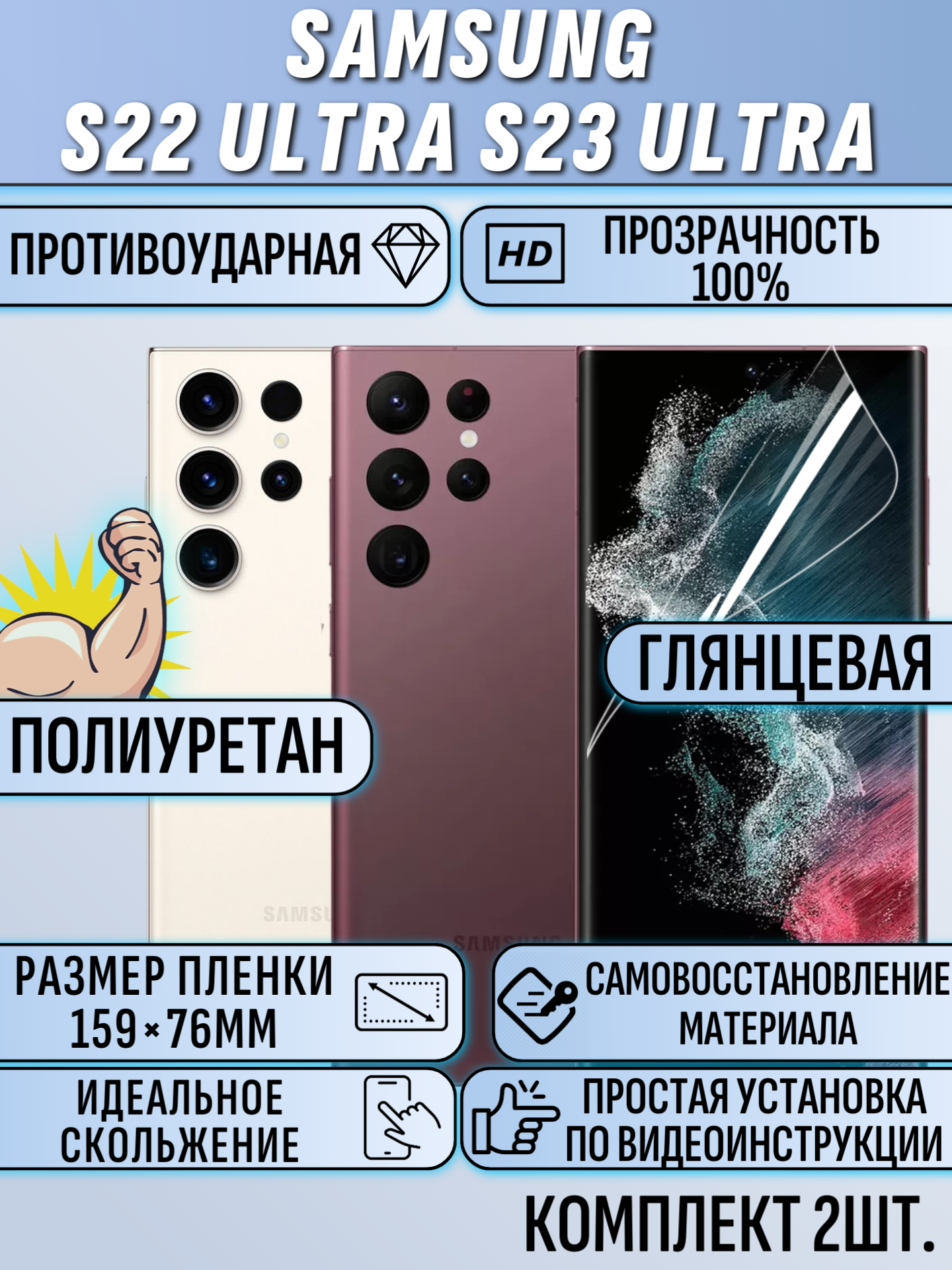 Гидрогелевая пленка на Samsung S22 Ultra S23 Ultra глянцевая на весь экран 2шт