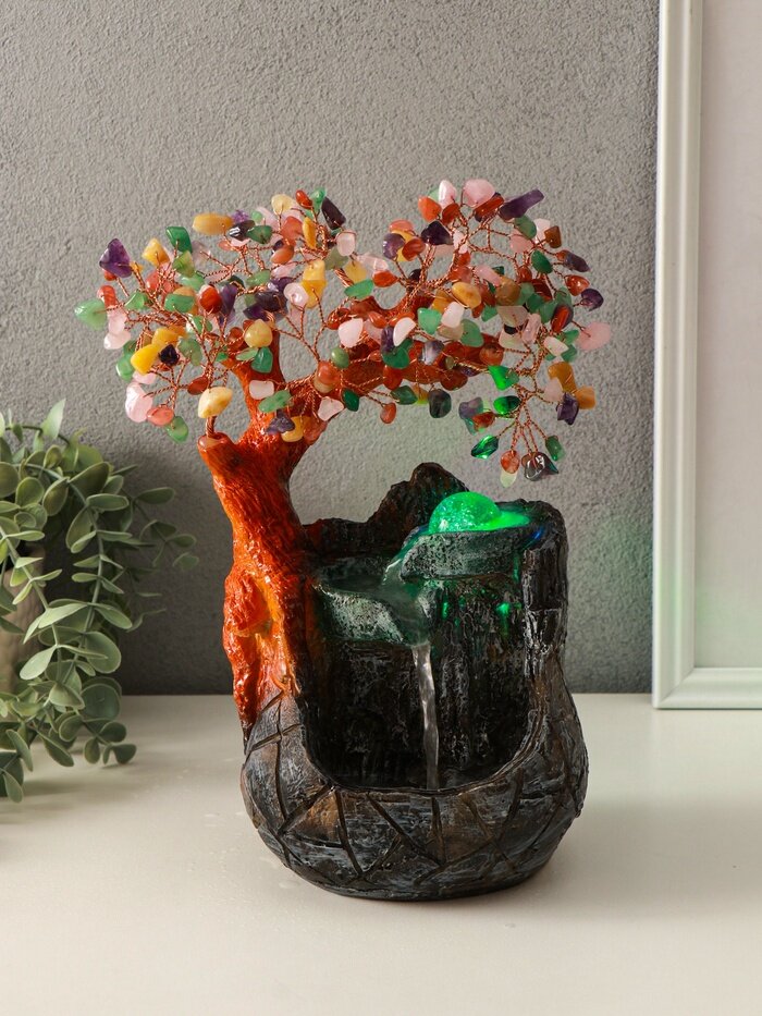 Фонтан настольный с подсветкой «Дерево с самоцветами и водопад», 180 камней, 26×19×12 см