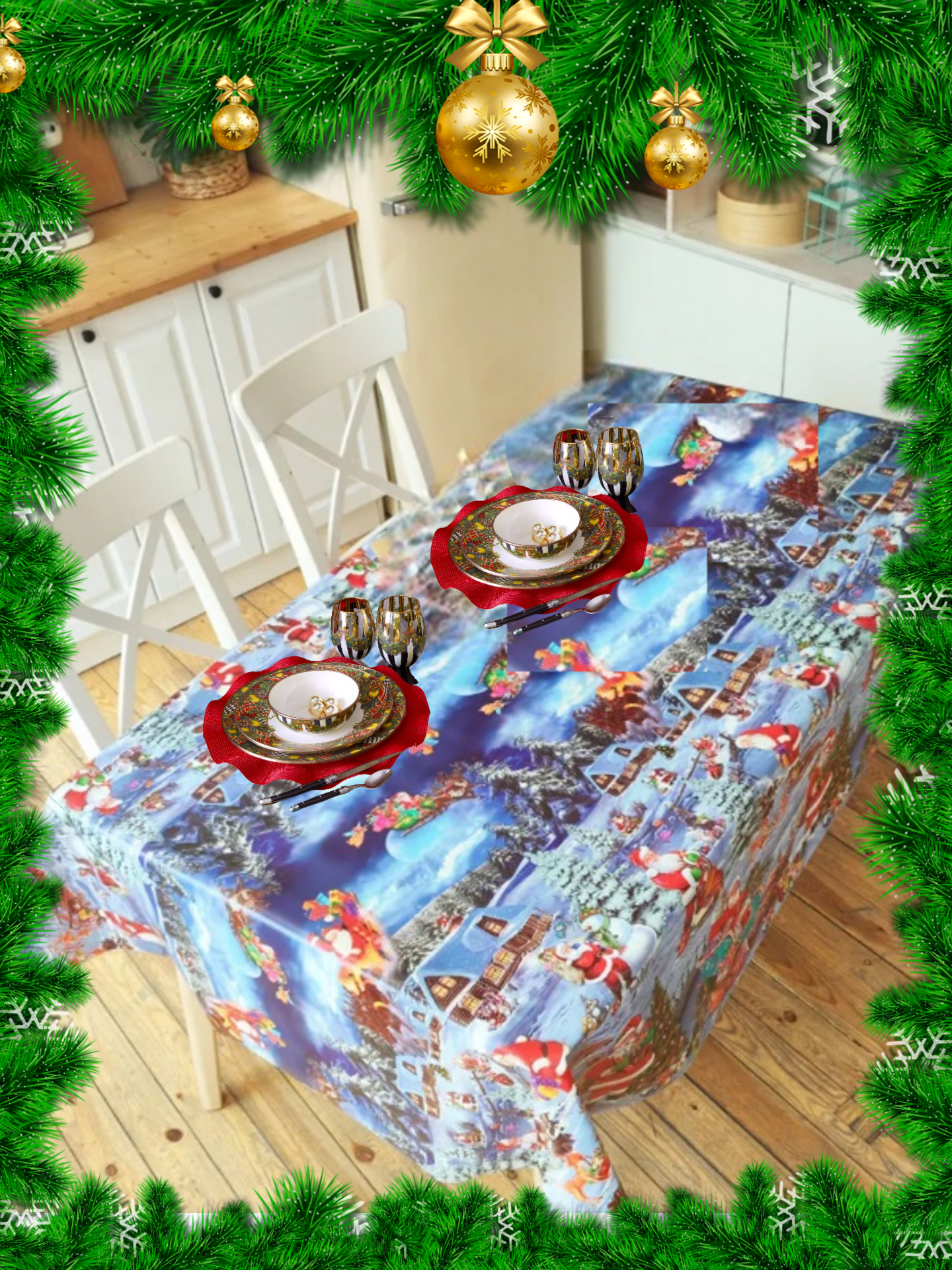 Скатерть клеенка на стол новогодняя 140х100 прямоугольная водоотталкивающая на нетканой основе Веселый праздник Dekorama