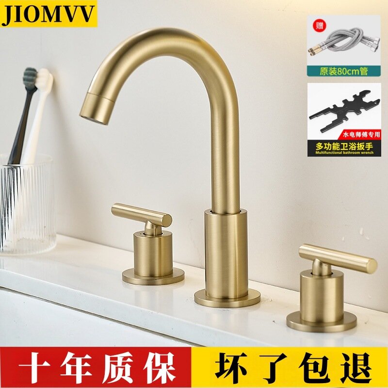 Европейский стиль золотой полностью медный вращающийся трехотверстный смеситель для раковины, трехкомпонентный набор, разделенный двойной ручкой, двойное управление горячей и холодной водой