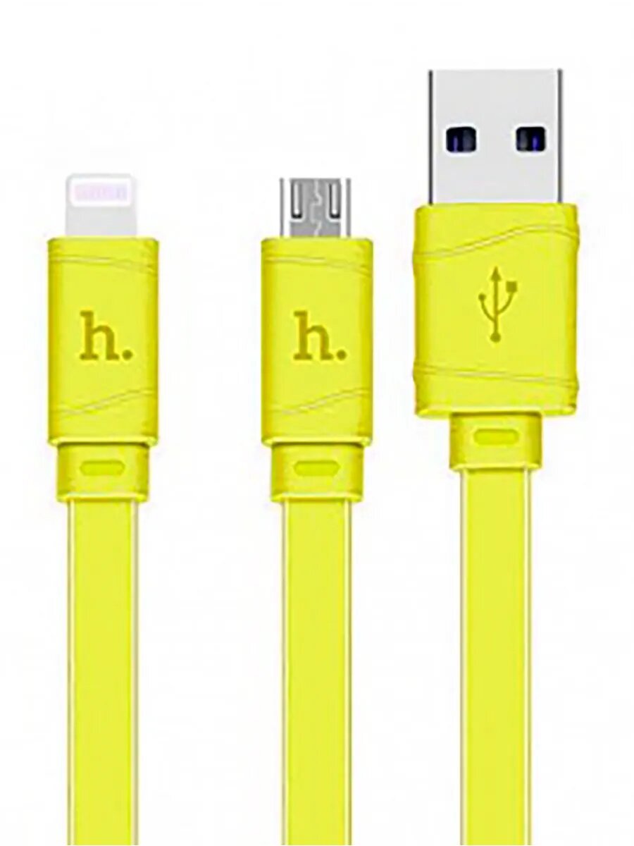 Кабель Hoco X5 2в1 USB to Lightning+microUSB плоский, 2А, 1 метр, желтый (для старых Android смартфонов и iPhone 14, 13, 12, 11 и ранее)