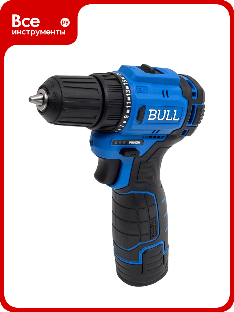 Аккумуляторная дрель-шуруповерт BULL SR 1203 Xcase бесщет, 12 В, 37 Н*м, 2*2 А*ч акб, БЗП 10 мм 1329879