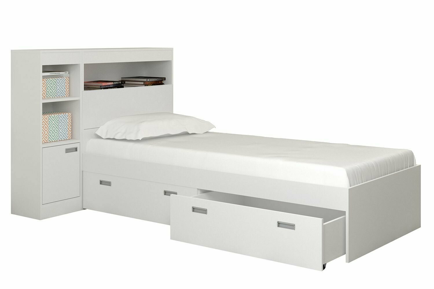 Кровать односпальная МногоМеб Бриз 7 90x200 с ящиками и тумбой, белый гладкий