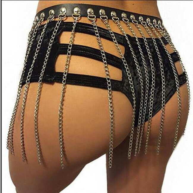 Пояс с цепями в виде юбки, черный, искусственная кожа, One Size (40-50)