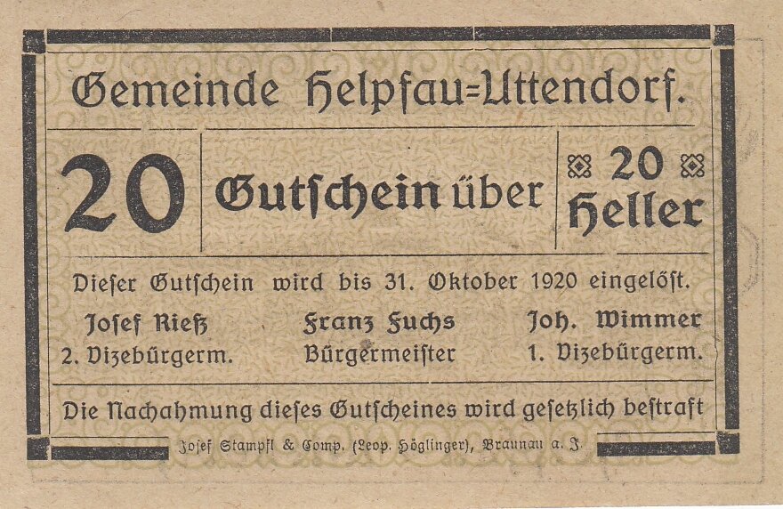 Австрия, Хельпфау-Уттендорф 20 геллеров 1914-1920 гг.