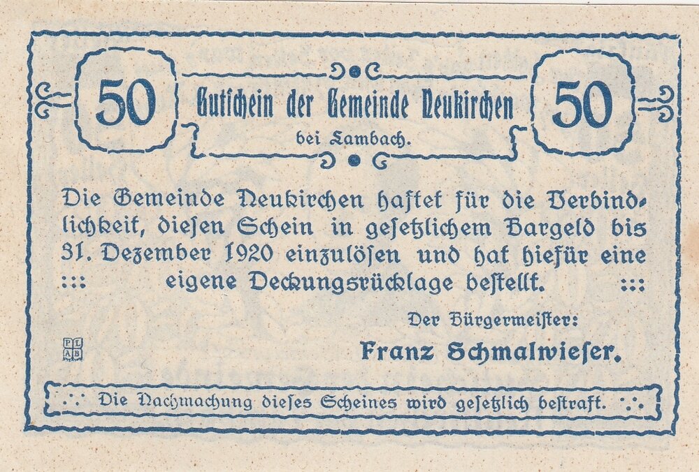 Австрия, Нойкирхен-бай-Ламбах 50 геллеров 1914-1920 гг.