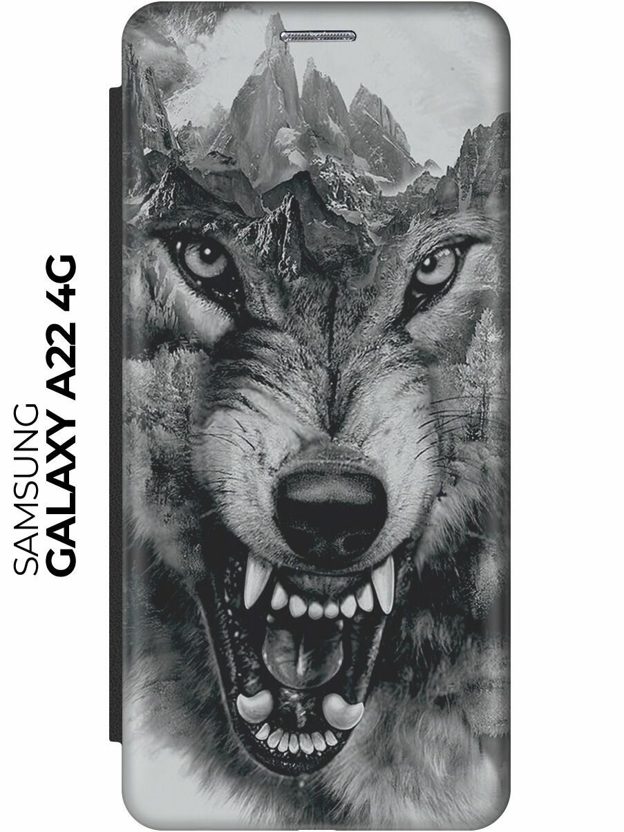 Чехол-книжка Волк в горах на Samsung Galaxy A22 / M32 / M22 / Самсунг А22 / М32 / М22 черный